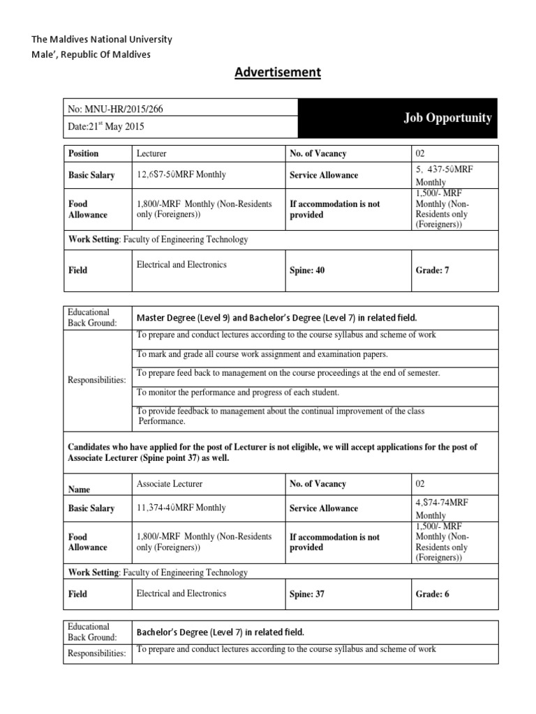 Advertisement: Job Opportunity | PDF | Lecturer | Bachelor's Degree