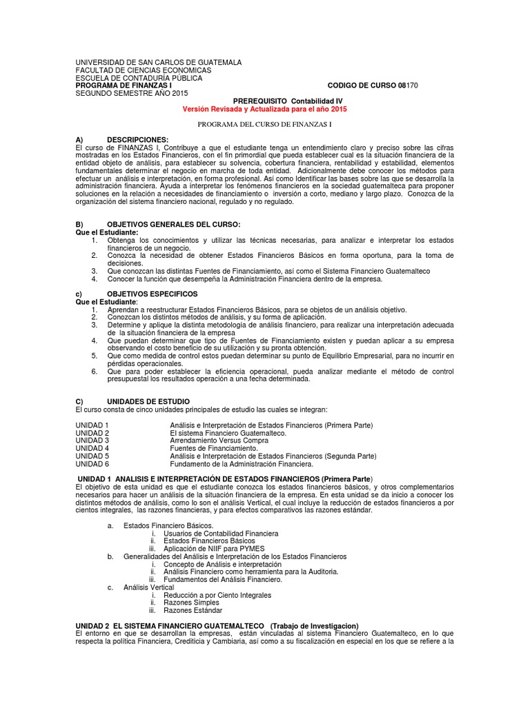 USAC Programa Finanzas I 2015 PDF | PDF | Sistema financiero | Bancos
