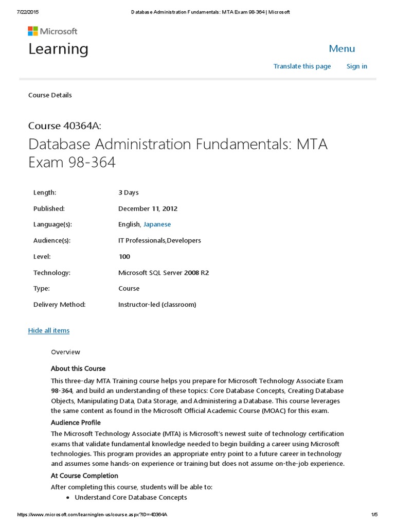 Database Administration Fundamentals - MTA Exam 98-364 - Microsoft | PDF | Microsoft | Databases