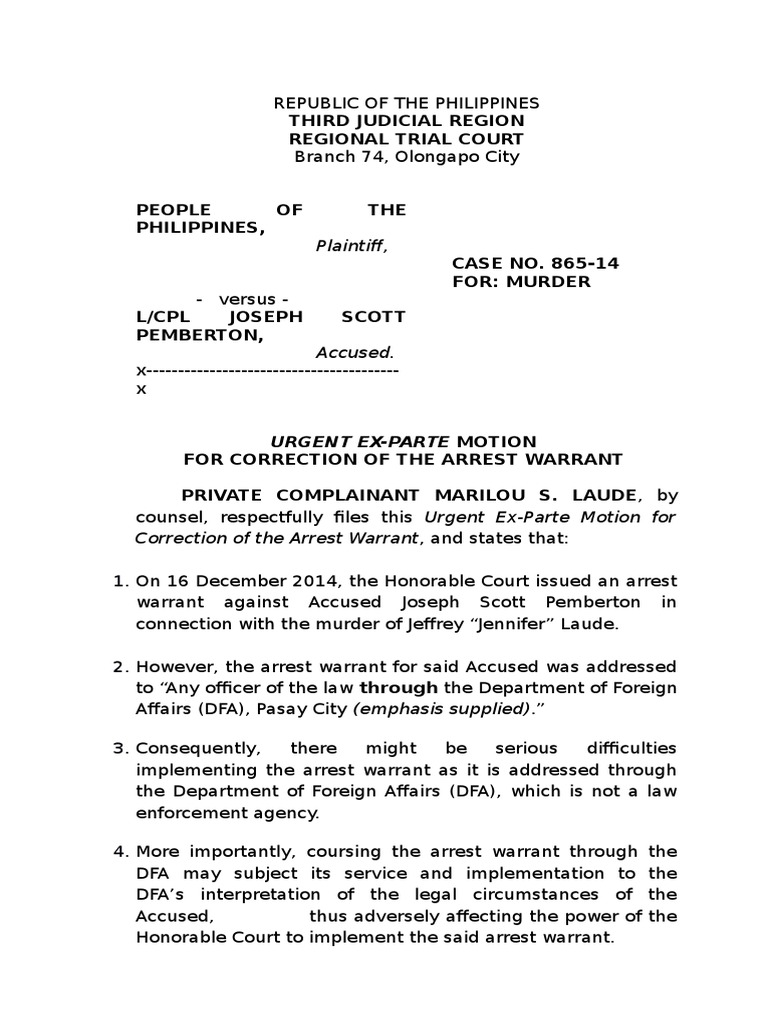 Ex Parte Motion to Correct Warrant of Arrest | Arrest | Summons
