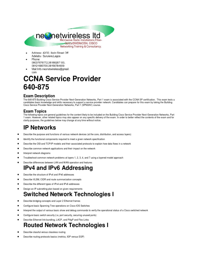 CCNA Service Provider 1 Course Outline | PDF | Cisco Certifications | Computer Network