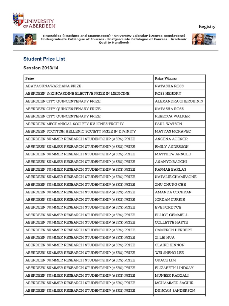 2013/14 Student Prize Winners List | PDF | Academia | Science