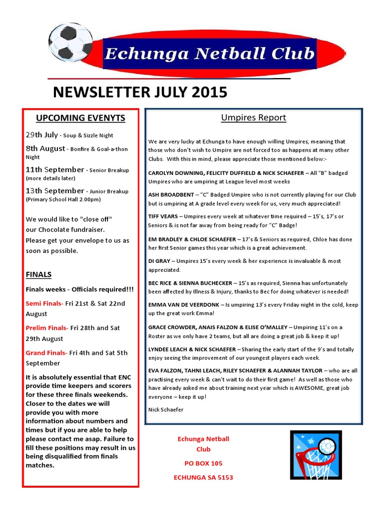 Echunga Netball Newsletter 2015 | PDF | Sports | Basketball
