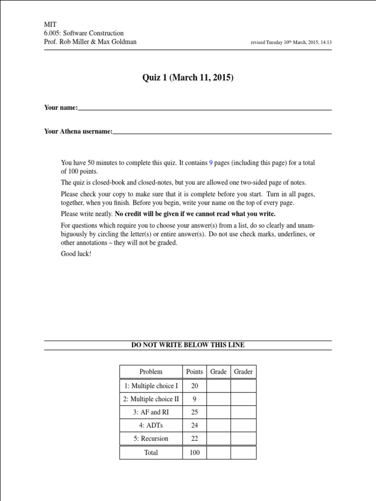 Quiz 1 March 11 2015 Pdf String Computer Science Variable Computer Science 2267