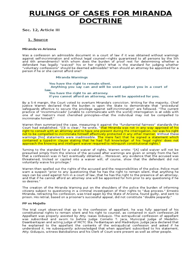 9 Rulings of Cases For Miranda Doctrine | PDF | Miranda Warning | Right To Silence