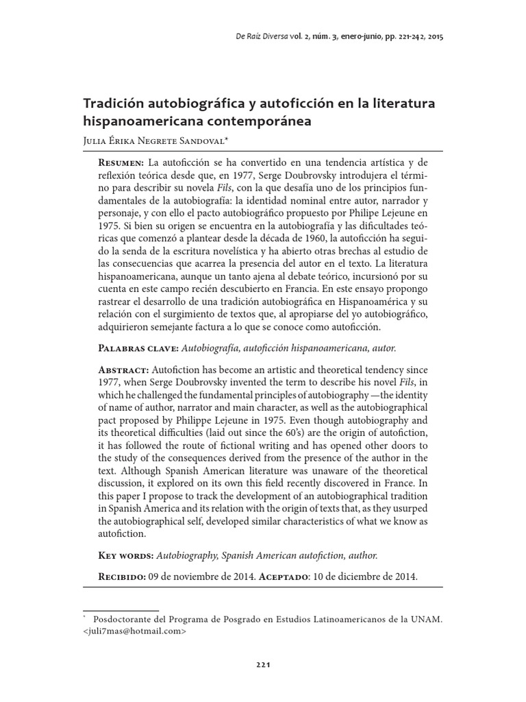 Negrete, Julia. Tradicion Autobiografica y Autoficcion en La Literatura ...