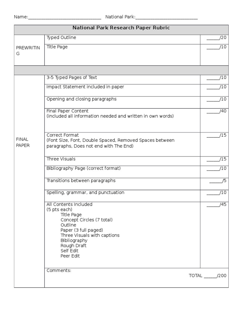 National Park Research Paper Rubric | PDF
