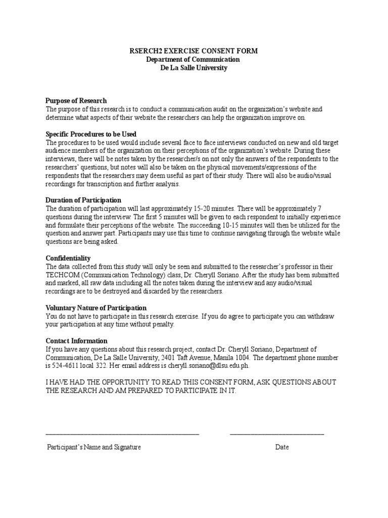 Rserch2 Exercise Consent Form Department of Communication de La Salle ...