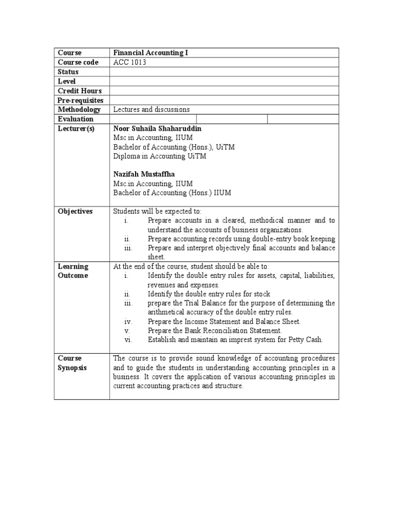 Course Financial Accounting I Course Code Status Level Credit Hours Pre ...