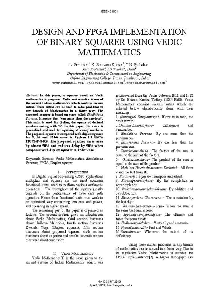 Design and Fpga Implementation of Binary Squarer Using Vedic Mathematics | Download Free PDF ...