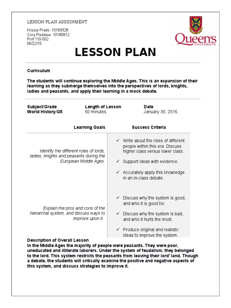 Lesson Plan Assignment | PDF | Lesson Plan | Feudalism