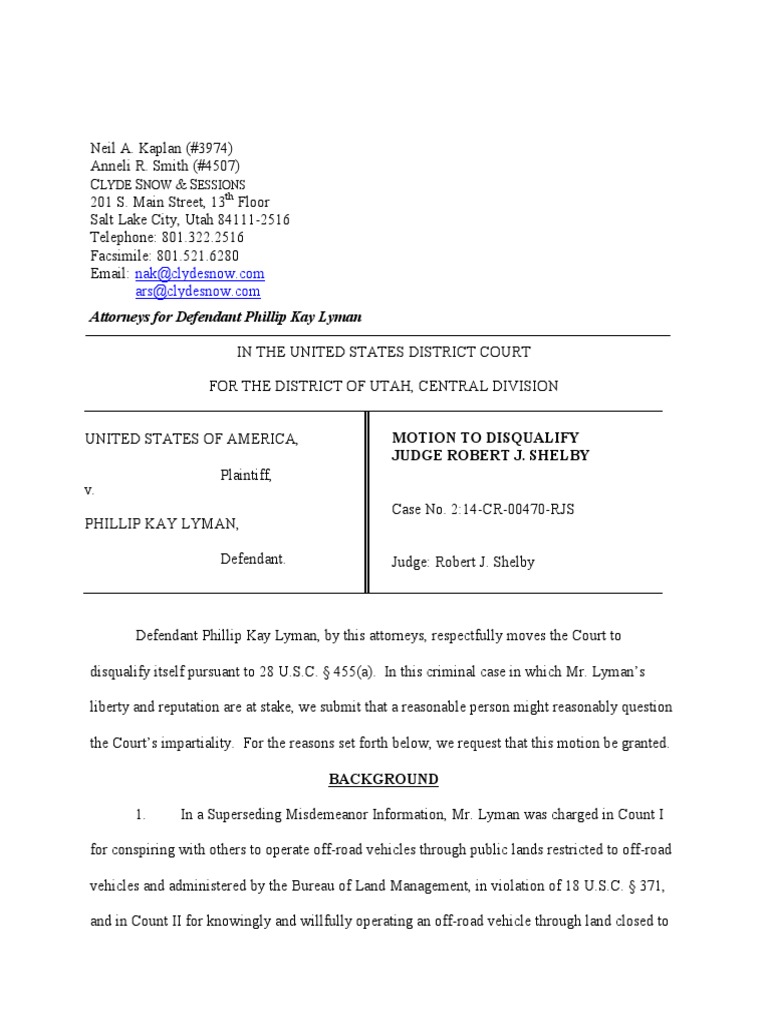 Motion to Disqualify Judge Shelby | Judicial Disqualification ...