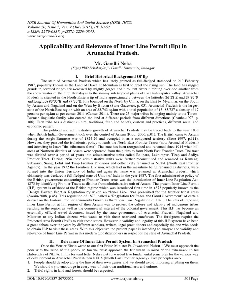 Applicability and Relevance of Inner Line Permit (Ilp) in Arunachal ...