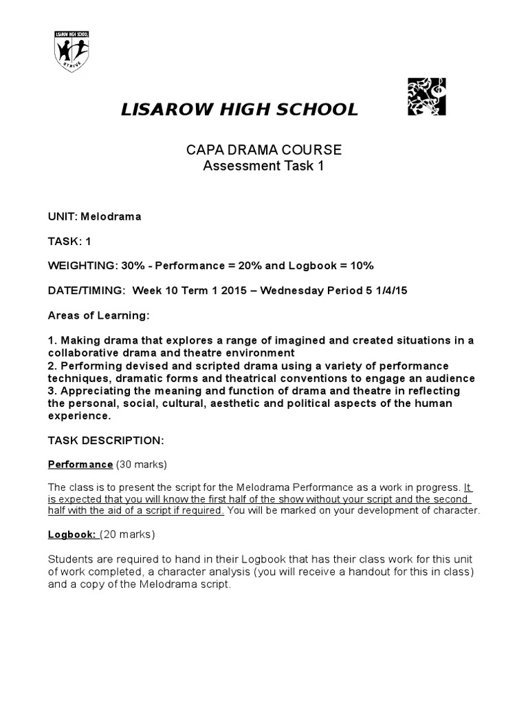Lisarow High School: Capa Drama Course Assessment Task 1 | PDF ...