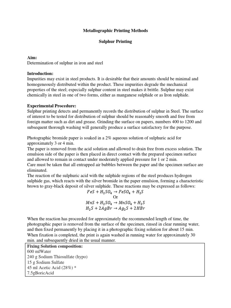 Sulphur Printing Method for Steel Analysis | PDF | Sulfur | Sulfide
