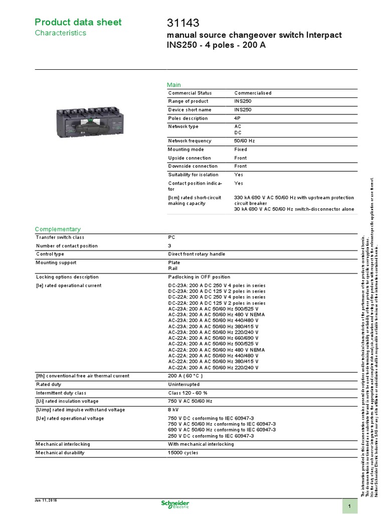 Product Data Sheet: Manual Source Changeover Switch Interpact INS250 ...