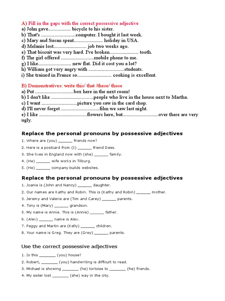 Demonstrative and Possessive Adjectives Worksheet | PDF | Language Arts ...