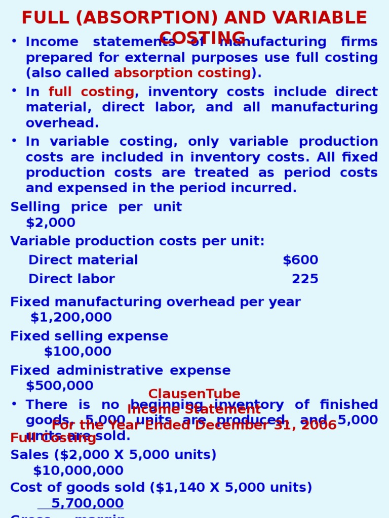 Comparing Full (Absorption) Costing and Variable Costing: A Detailed ...