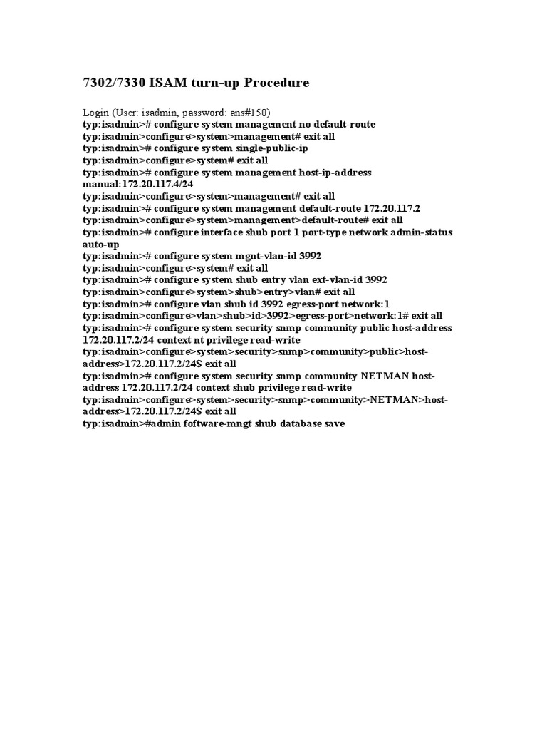 7302/7330 ISAM Turn-Up Procedure: Login (User: Isadmin, Password: Ans ...