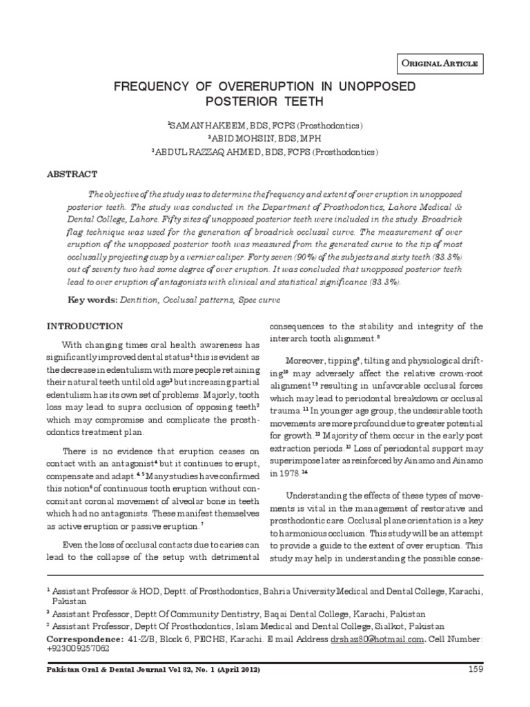 Frequency of Over Eruption in Unopposed Posterior Teeth | PDF ...