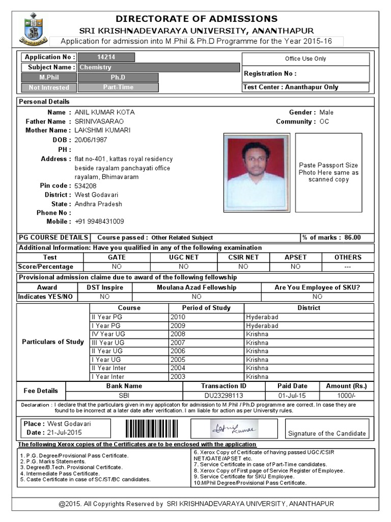 Sku PH.D Application Form | Download Free PDF | Doctor Of Philosophy | Academia