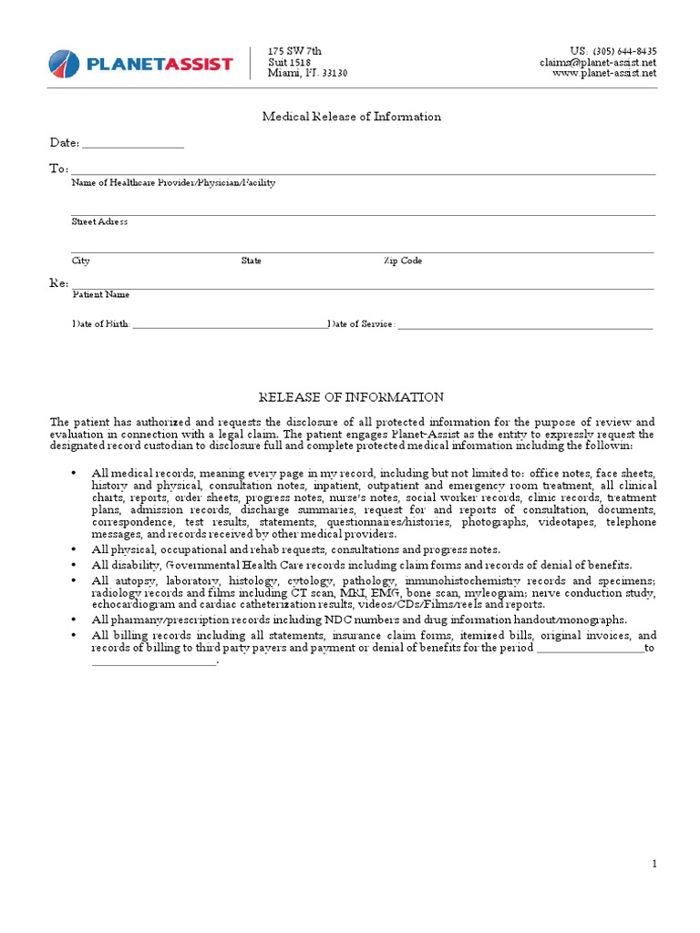 Planet Assist Release Form | PDF | Patient | Invoice