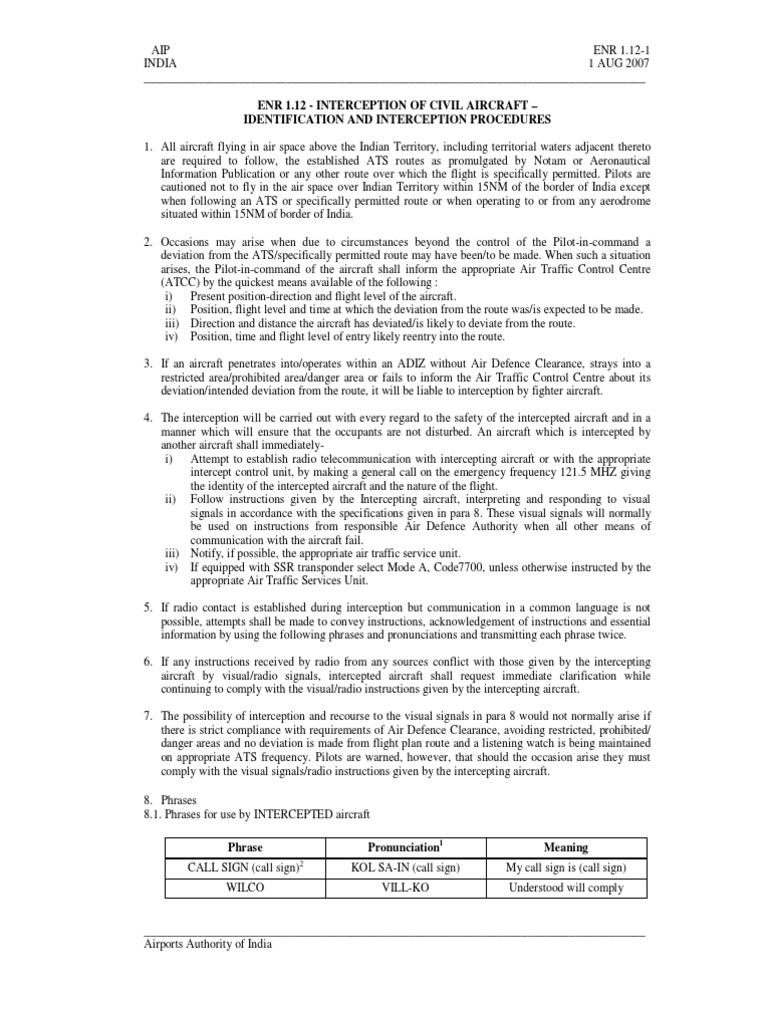 Aircraft Interception Procedures India | PDF | Air Traffic Control ...
