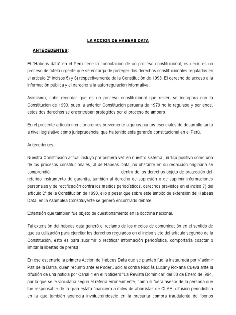 Estudio introductorio sobre el origen y desarrollo de la acción de habeas data en el Perú | PDF ...