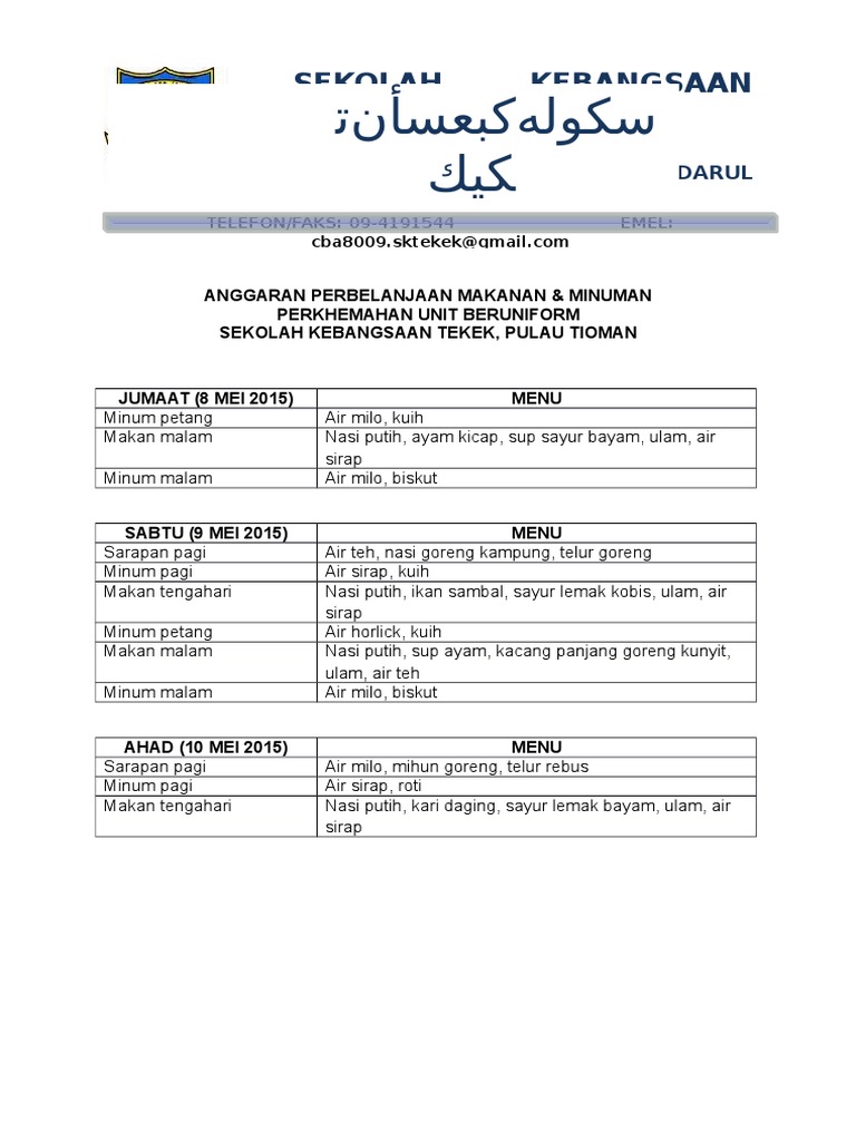 Menu Makanan Dan Minuman Perkhemahan Unit Beruniform | PDF