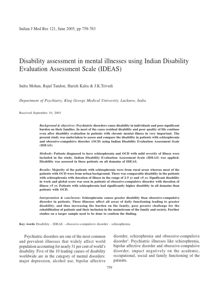 Disability Assessment in Mental Illnesses Using Indian Disability ...