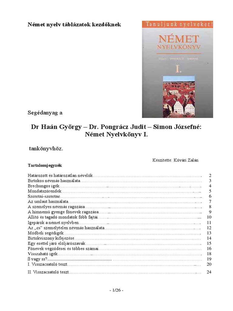Német Nyelv Táblázatok Kezdőknek - German Grammar | PDF