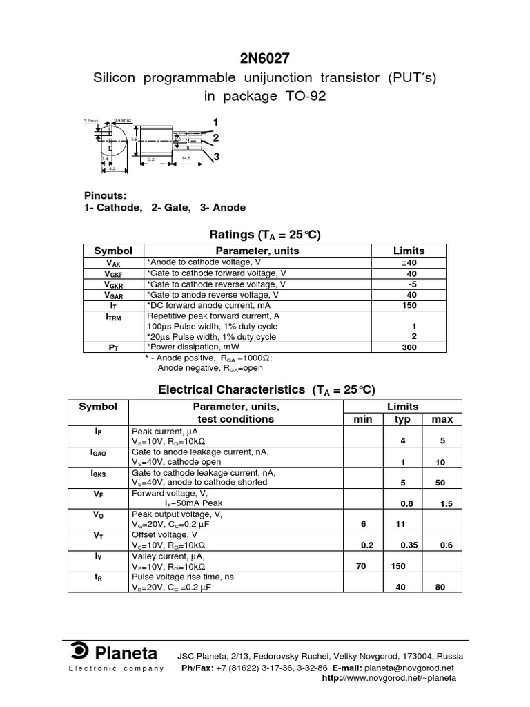 Silicon Programmable Unijunction Transistor Specifications | PDF ...