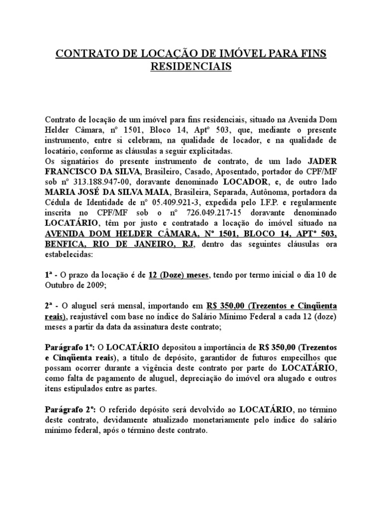 Contrato De Locação De Imóvel Para Fins Residenciais 2 Pdf Aluguel