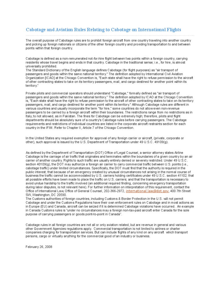Cabotage and Aviation Rules Relating To Cabotage On International ...