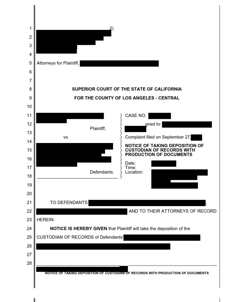 Notice of Taking Deposition of Custodian of Records With Production of ...