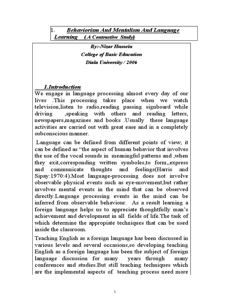Behaviorism Vs Mentalism In Language Learning Pdf Behaviorism