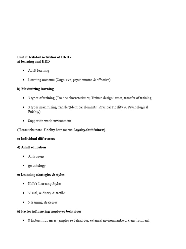 Unit 2: Related Activities of HRD - A) Learning and HRD | PDF