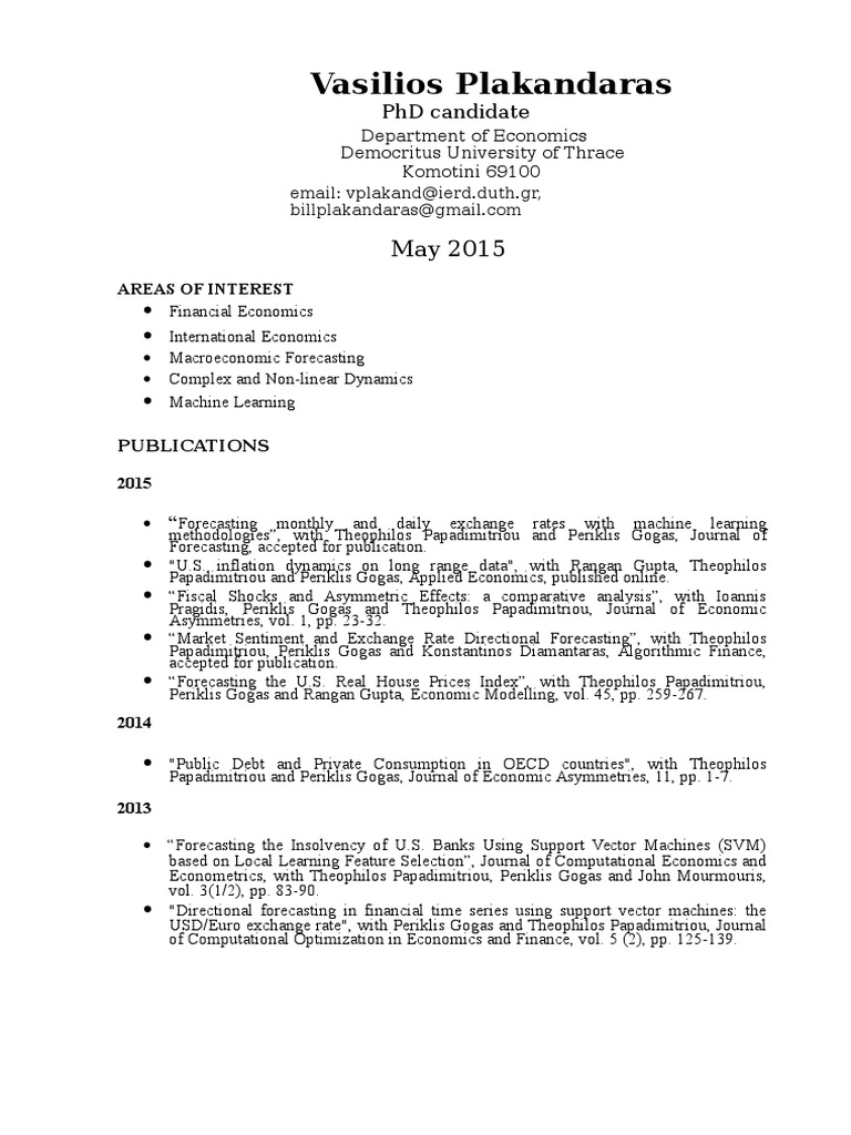 Vasilios Plakandaras CV | PDF | Postgraduate Education | Thesis
