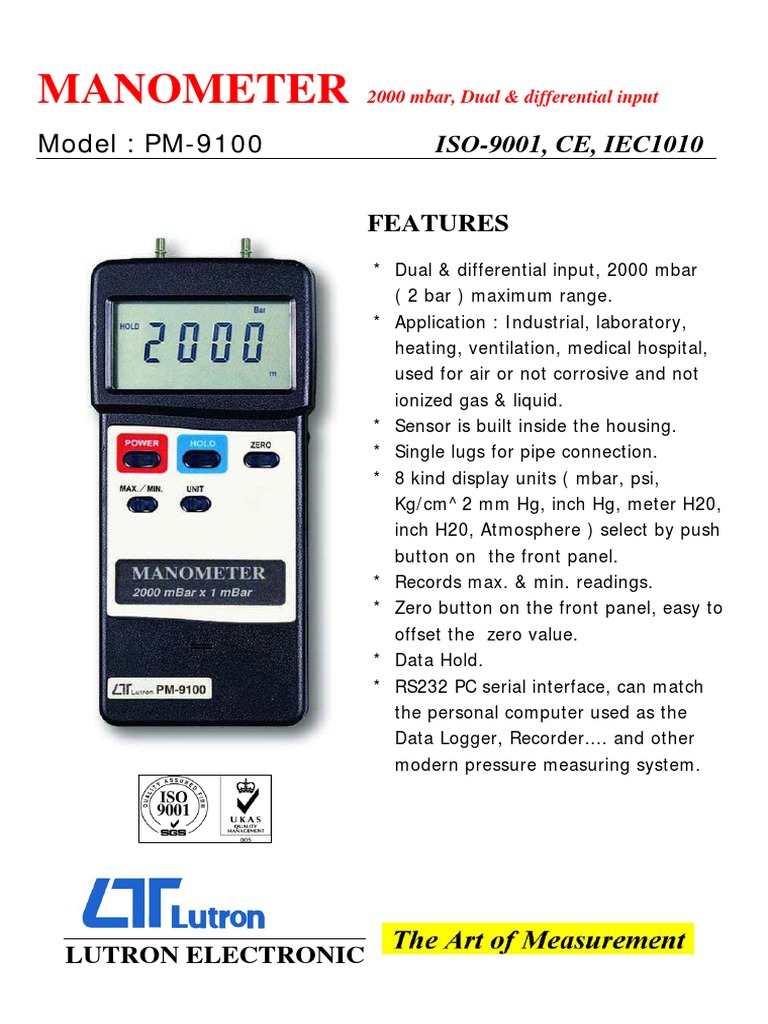 Digital Manometer PM 9100HA (Lutron) | PDF | Pressure Measurement ...