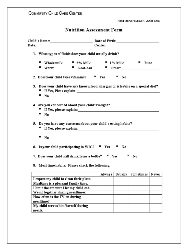 Child Nutrition Assessment Form 07 | PDF | Milk | Candy
