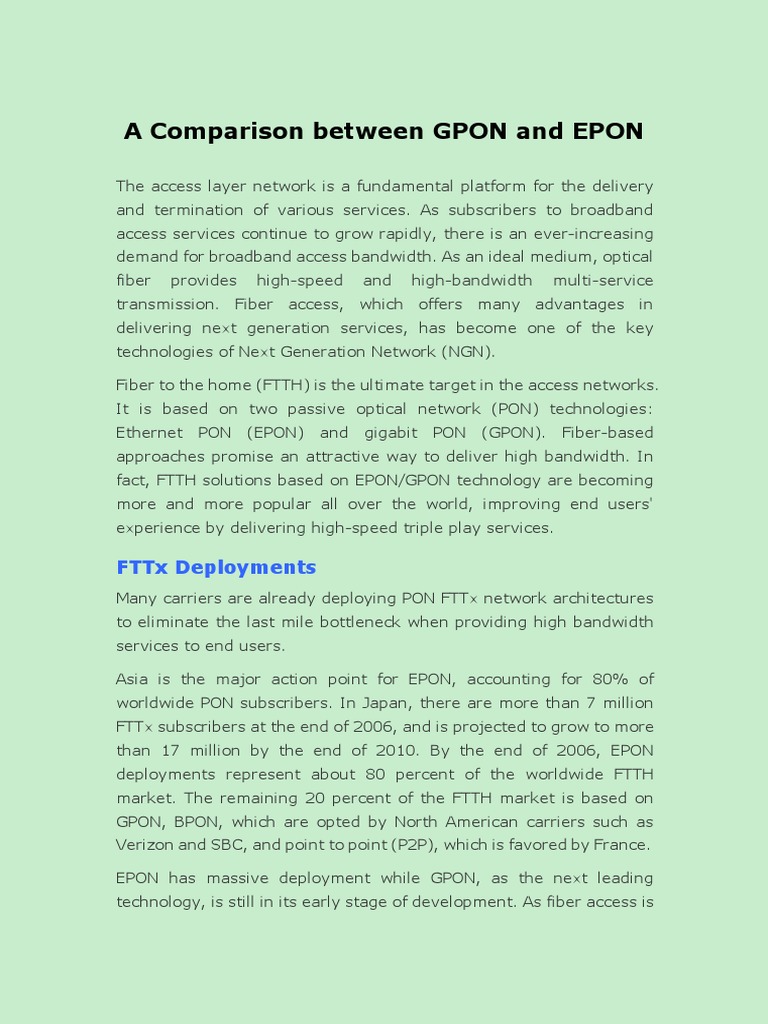 A Comparison Between GPON and EPON | PDF | Fiber To The X ...