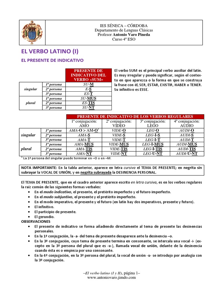 Verbos Latín - Presente e Imperfecto de Indicativo | PDF | Conjugación ...