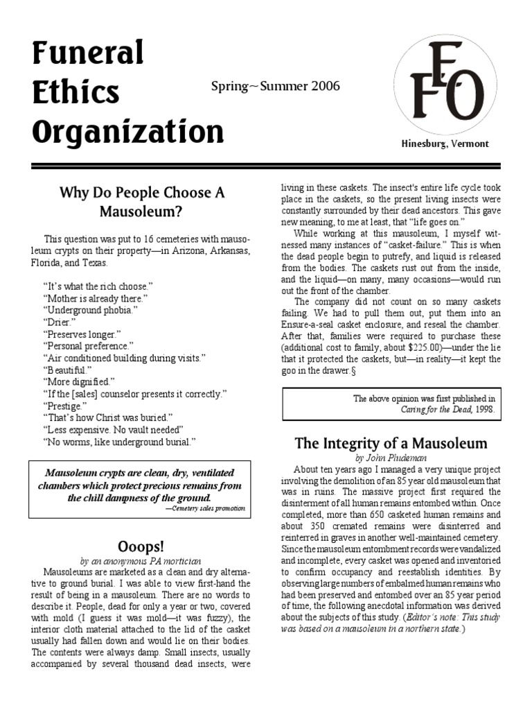 Funeral Ethics Organization Summer '06 | Burial | Death Customs