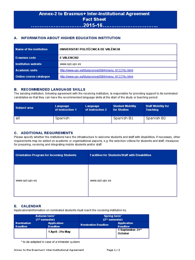 Annex-2 To Erasmus+ Inter-Institutional Agreement Fact Sheet | PDF | Academic Term | Cognition