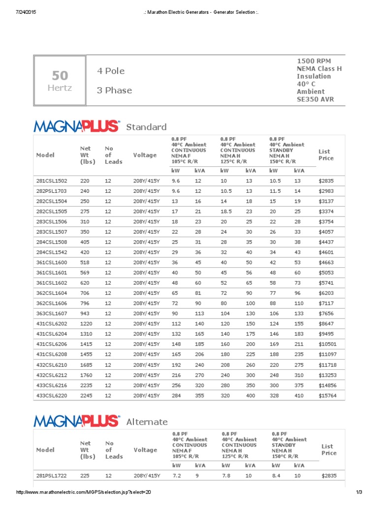 Marathon Electric Generator Selection Guide | PDF | Electrical ...