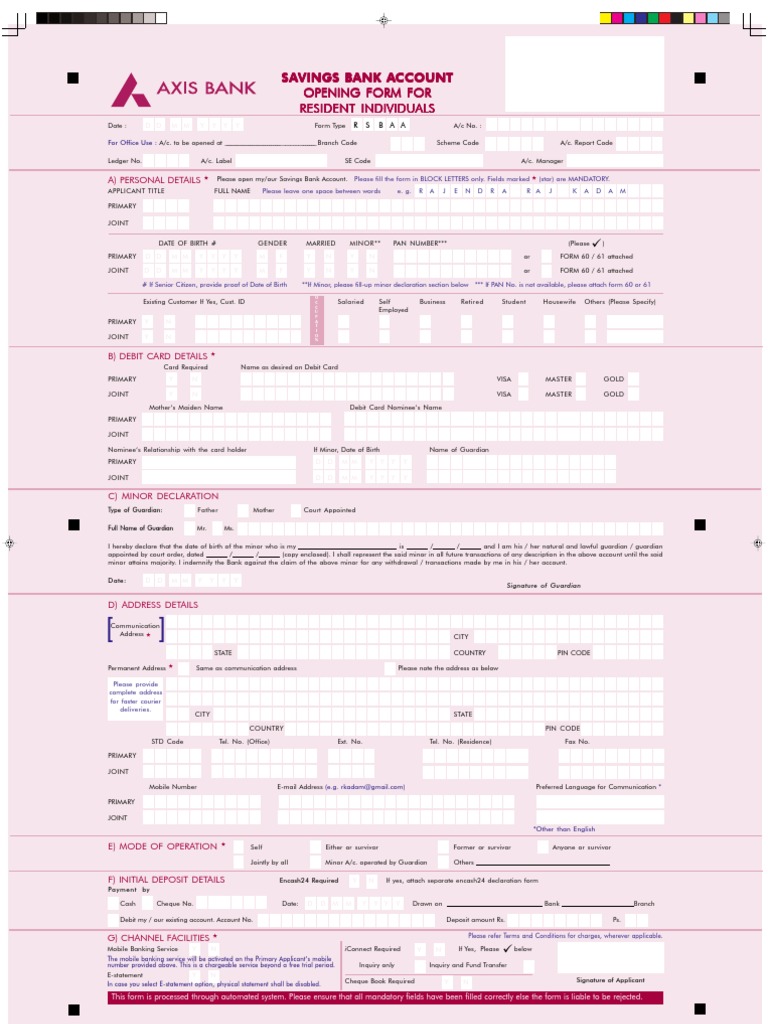 Axis Saving Ac Opening Form | Debit Card | Cheque
