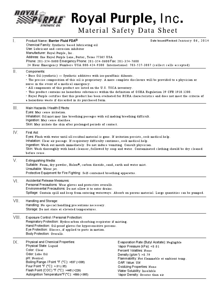 Royal Purple MSDS | Resource Conservation And Recovery Act | Hazardous ...