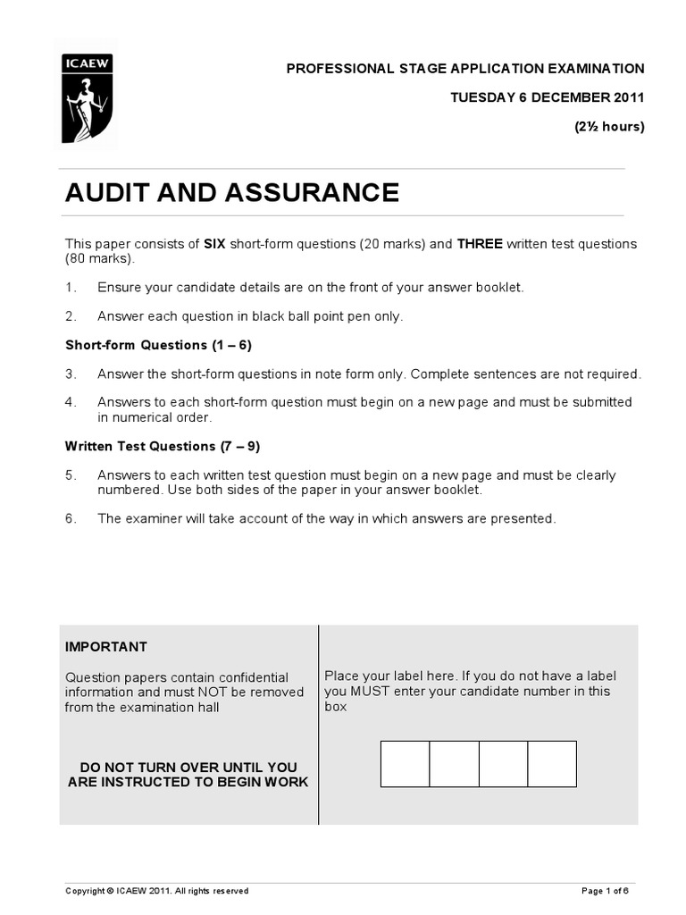 Audit and Assurance December 2011 Exam Paper, ICAEW | PDF | Inventory ...
