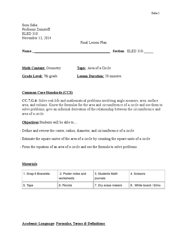 7th Grade Circle Area Lesson Plan | PDF | Circle | Pi