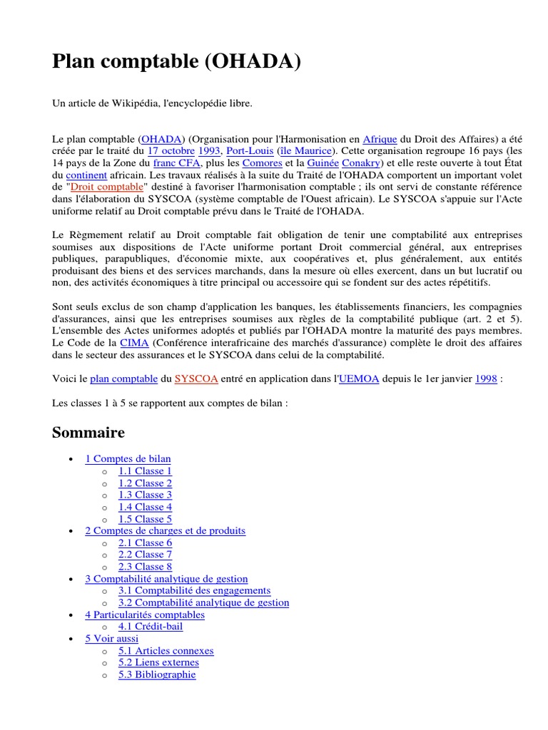 Plan Comptable Ohada - Wikipdia | PDF | Leasing | Comptabilité